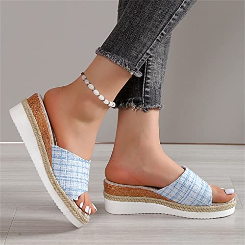 Flat Sandals for Women Size 8 Ladies Fashion Color Matching Cloth Open Toe Casual Slope Heel Thick Sole Sippers (Light Blue, 8)