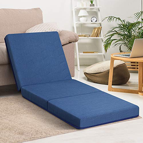 PrimaSleep 4 inch Tri-Folding Topper, Narrow Twin, Blue, Supportive Memory Foam, Best for Visitors Sleepovers Car Trips Camping or Dorm Room Bed (Blue)