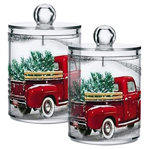 Gredecor Christmas Winter Qtip Holder Dispenser 2 Pack Red Xmas Tree Truck Winter Snowflake Dog Bathroom Decorative Storage Canister Holder Counter Vanity Organizer for Cotton Ball Swabs Pads Floss