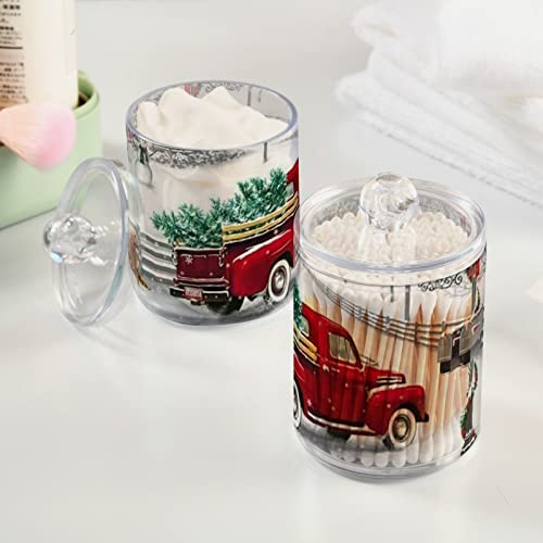 Gredecor Christmas Winter Qtip Holder Dispenser 2 Pack Red Xmas Tree Truck Winter Snowflake Dog Bathroom Decorative Storage Canister Holder Counter Vanity Organizer for Cotton Ball Swabs Pads Floss