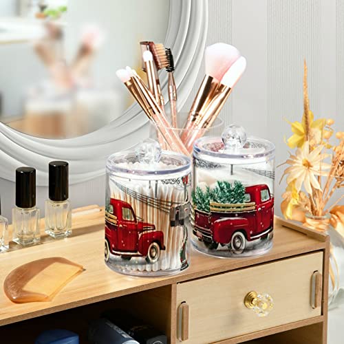 Gredecor Christmas Winter Qtip Holder Dispenser 2 Pack Red Xmas Tree Truck Winter Snowflake Dog Bathroom Decorative Storage Canister Holder Counter Vanity Organizer for Cotton Ball Swabs Pads Floss