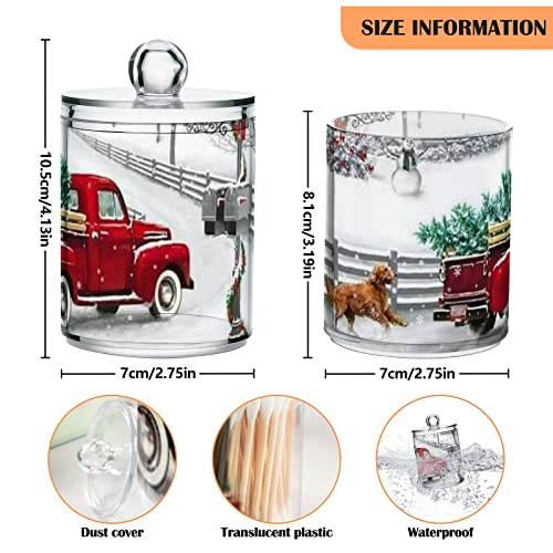 Gredecor Christmas Winter Qtip Holder Dispenser 2 Pack Red Xmas Tree Truck Winter Snowflake Dog Bathroom Decorative Storage Canister Holder Counter Vanity Organizer for Cotton Ball Swabs Pads Floss