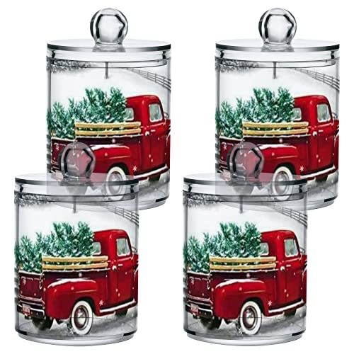 Gredecor Christmas Winter Qtip Holder Dispenser 2 Pack Red Xmas Tree Truck Winter Snowflake Dog Bathroom Decorative Storage Canister Holder Counter Vanity Organizer for Cotton Ball Swabs Pads Floss