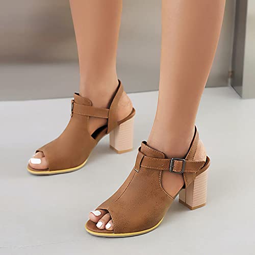 Womens Sandals Foreign Trade Large Fish Mouth Sandals Women's Fast Selling High Heel Buckle Roman Sandals (Yellow, 6.5)