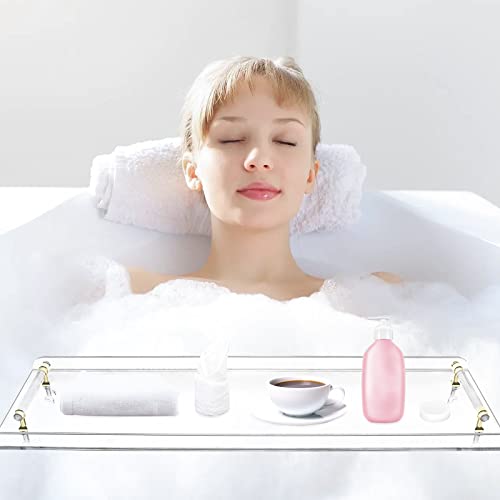 Clear Acrylic Bathtub Caddy Tray with Gold Handles for Luxury Bathroom Bathtub, 31 x 9 Inch