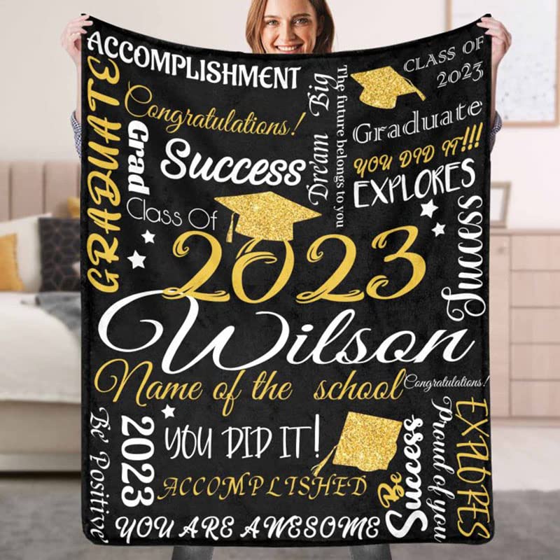 Artsadd Custom Graduation Blankets with Text Personalized Class of 2023 Graduation Blankets Customized Flannel Throw Blanket Gifts for Graduation Birthday 50"x60"