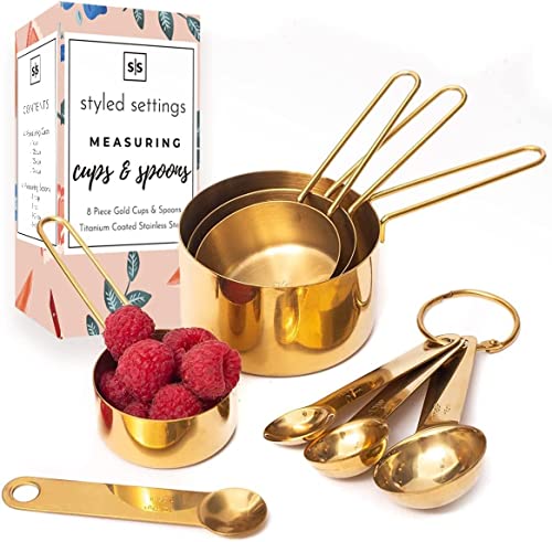 Gold Measuring Cups and Spoons Set - Stackable, Stylish, Sturdy 8-Piece Gold Measuring Cups and Gold Measuring Spoons Set - Cute Measuring Cup Set, Gold Kitchen Accessories, Gold Kitchen Utensils