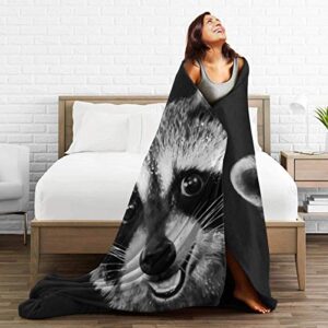 Novelty Flannel Plush Blankets, 80" x 60", Black White Vintage Style Raccoon Cute Animal Painting Throw Blanket for Better Sleep Recliner, Air Conditioning Blanket and Quality Washable