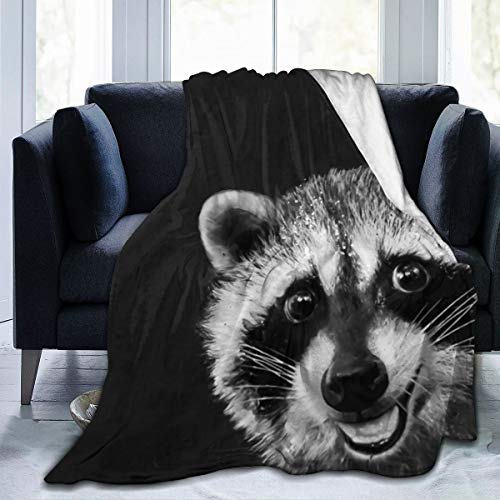 Novelty Flannel Plush Blankets, 80" x 60", Black White Vintage Style Raccoon Cute Animal Painting Throw Blanket for Better Sleep Recliner, Air Conditioning Blanket and Quality Washable