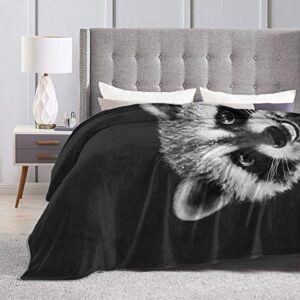 Novelty Flannel Plush Blankets, 80" x 60", Black White Vintage Style Raccoon Cute Animal Painting Throw Blanket for Better Sleep Recliner, Air Conditioning Blanket and Quality Washable