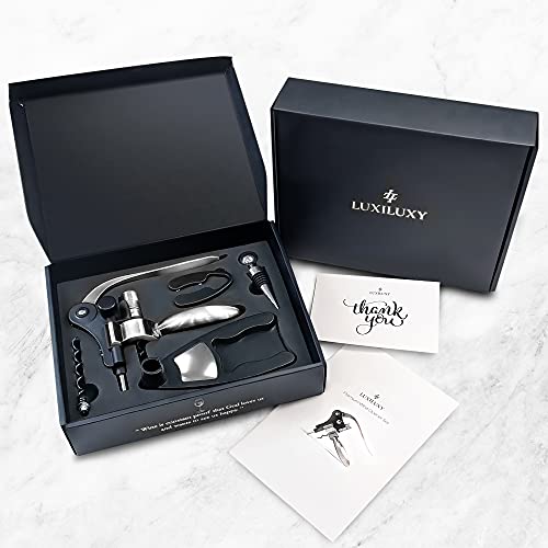 Wine Bottle Opener Corkscrew Set – Luxiluxy [2023 upgraded, does NOT break!] Including Foil Cutter, Bottle Stopper, Opener Stand and Extra Spiral - corkscrews wine opener set- wine opener kit