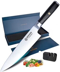 brewin japanese chef knife 8 inch with knife sharpener,professional sharp kitchen knife with elegant black pakkawood handle high carbon stainless steel hand forged chef's knives for cooking gift box