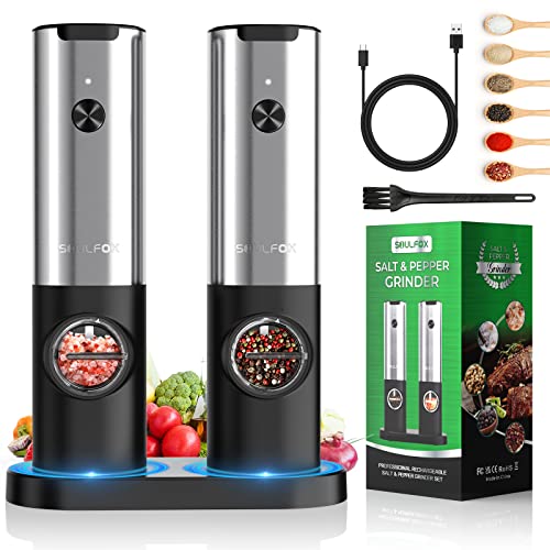 SoulFox Electric Salt and Pepper Grinder Set with USB Rechargeable - No Battery Needed - One Handed Operation - White Light - Adjustable Coarseness Automatic Electronic Spice Mill Shakers Refillable