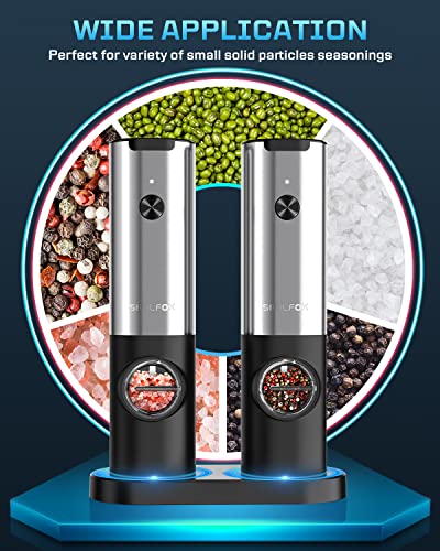 SoulFox Electric Salt and Pepper Grinder Set with USB Rechargeable - No Battery Needed - One Handed Operation - White Light - Adjustable Coarseness Automatic Electronic Spice Mill Shakers Refillable