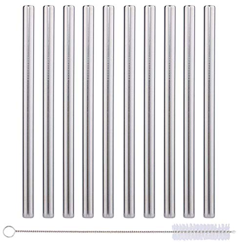 10 Pack Boba Straws In Stainless Steel - Reusable Metal Straws Best For Drinking Bubble/Boba Tea, Smoothies, Shakes - Extra Wide 0.5’’ And 8.5” Long - Comes With Cotton Storage Bag And Cleaning Rod