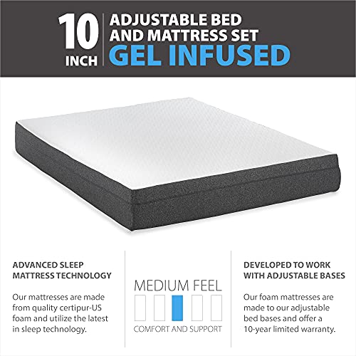 Blissful Nights 10" Gel Infused Medium Firm Memory Foam Mattress with e2 Adjustable Bed Frame Combo Set Head and Foot Incline Wired Remote (Queen)