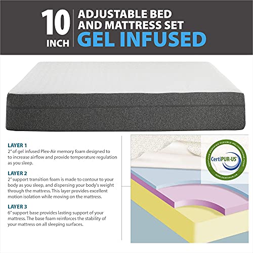 Blissful Nights 10" Gel Infused Medium Firm Memory Foam Mattress with e2 Adjustable Bed Frame Combo Set Head and Foot Incline Wired Remote (Queen)