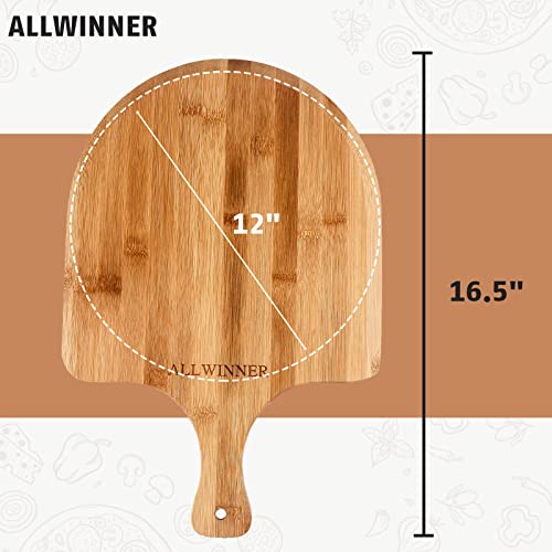 ALLWINNER Bamboo Pizza Peel 12 inch Premium Wooden Pizza Peels for Making Pizza, Pizza Cutting Board 2 Pack