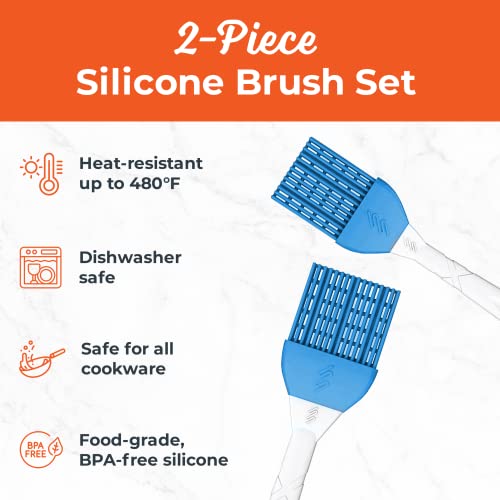 M KITCHEN WORLD Silicone Pastry Brush for Cooking 2 Pieces - Rubber Basting Brush with Grid, Kitchen Brushes Utensils for Food Sauce Butter Oil BBQ Spreading - Blue