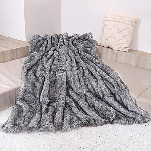 Luxury Fake Fox Fur Throw Blanket Fox Faux Fur Throw Blanket Gray 79"x90" Queen Size Fake Fur Throw Blanket