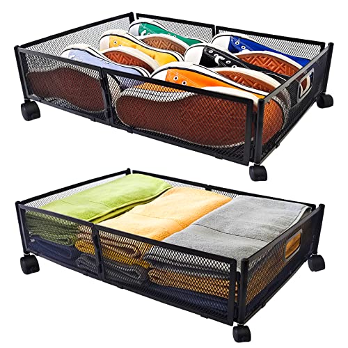 Under Bed Storage,Metal Foldable Under Bed Shoe Storage With Wheels,2 Pack Under Bed Toy Storage,Under Bed Storage with Wheels,Under Bed Storage Containers,Under Bed Shoe Storage Organizer with Handle,Under Bed Rolling Storage for Clothes Shoes Blankets (