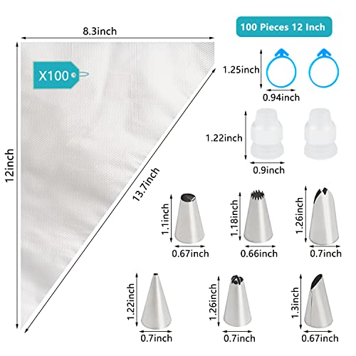 Disposable Piping Bags and Tips Set -100 Pieces 12 Inch Thickened Icing Bags and Tips Set for Pastry, Icing, and Chocolate Covered Strawberries Supplies - Includes Piping Tips Set