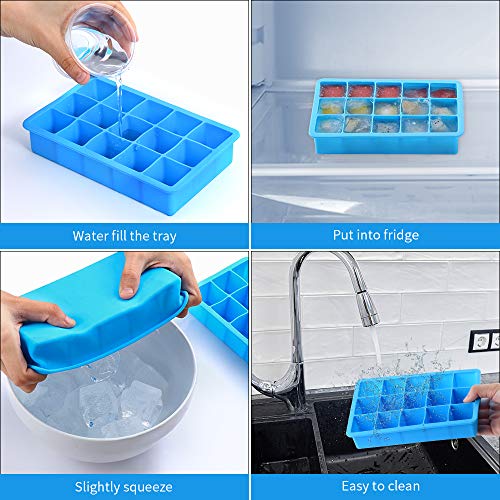 2 Pack Ice Cube Trays, ZDPMK Silicone Ice Cube Trays Molds，Easy Release Flexible Ice Cube Molds 15 Ice Cubes Tray for Freezer，Cocktail，Whiskey，Reusable & BPA Free