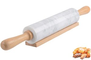 siparui marble rolling pin with wooden cradle thick handle set for baking,18.5 inch premium quality polished roller for pizza dough,fondant,pie crust,non-stick surface easy to clean(white)