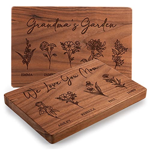 GRANDMA'S GARDEN, Personalized Walnut Cutting Board with Birth Flower Design - Mothers Day Gifts for Grandma, Custom Engraved Gifts for Mom, Grandma - Grandma Gifts Ideas - 4 Names