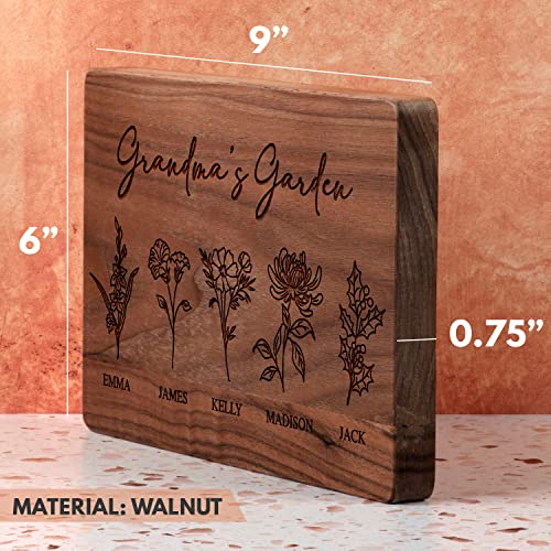 GRANDMA'S GARDEN, Personalized Walnut Cutting Board with Birth Flower Design - Mothers Day Gifts for Grandma, Custom Engraved Gifts for Mom, Grandma - Grandma Gifts Ideas - 4 Names