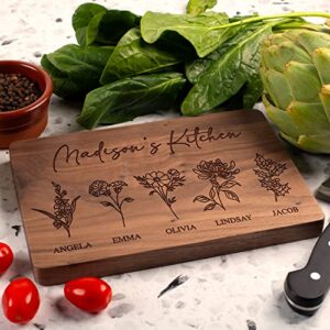 GRANDMA'S GARDEN, Personalized Walnut Cutting Board with Birth Flower Design - Mothers Day Gifts for Grandma, Custom Engraved Gifts for Mom, Grandma - Grandma Gifts Ideas - 4 Names