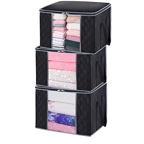 Blanket Storage Bins Clothes Organizer Storage Containers with Lids for Laundry Bedroom Room Organization Bedding Foldable with Sturdy Zipper, Clear Window, 3 Pack, 90L