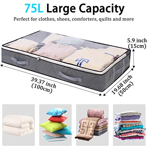 Vieshful 8 Pack Underbed Storage Bags 75L Foldable Clothes Bag Large Capacity Storage Containers with Clear Window Reinforced Handles Zippered Organizer Non-Woven for Comforters Blankets Bedding Stora