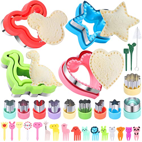 Sandwich Cutter and Sealer Set,14 Pcs Uncrustables Maker Bread Cutters DIY Cookie Cutters Fruit Vegetable Cutter Shapes for Kids Boys & Girls Bento Lunch Box with 16 pcs Animal Food Picks