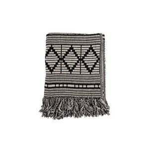 Bloomingville Black & Beige Woven Cotton Blend Blanket with Fringe Throw, One Size fits All, Black