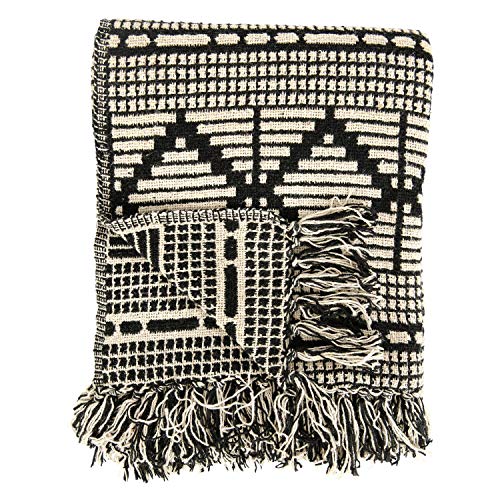 Bloomingville Black & Beige Woven Cotton Blend Blanket with Fringe Throw, One Size fits All, Black