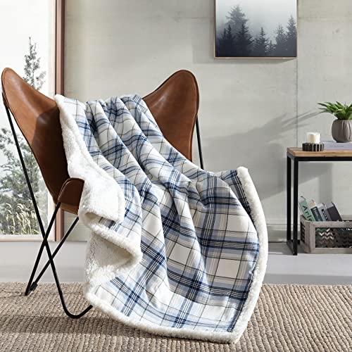 Eddie Bauer - Throw Blanket, Cotton Flannel Home Decor, All Season Reversible Sherpa Bedding (Edgewood Plaid Blue, Throw)