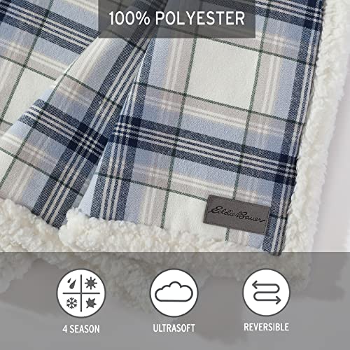 Eddie Bauer - Throw Blanket, Cotton Flannel Home Decor, All Season Reversible Sherpa Bedding (Edgewood Plaid Blue, Throw)