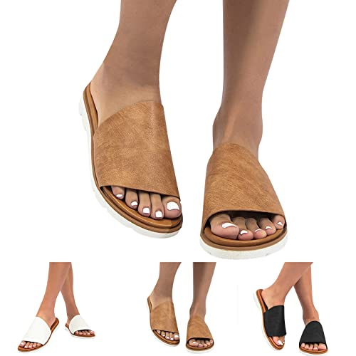 400 Sandals for Women Women Sandals Fashion New Pattern Summer Solid Color Slip On Flat Comfortable Beach Sandals Non Slip Sandals (White, 7)