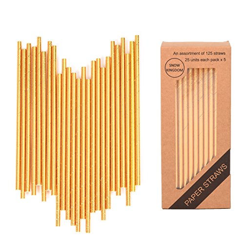 125 PCS Gold Paper Straws Biodegradable Metallic Drinking Decoration Disposable - Boxed 5 Individual Packs of 25 Units