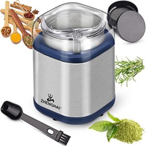 zhenghai electric herb grinder 200w spice grinder compact size, easy on/off, fast grinding for flower buds dry spices herbs, with pollen catcher and cleaning brush (stainless steel & blue)