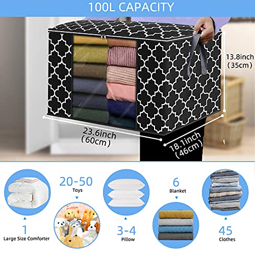 QYQBOON Large Clothes Storage Bags 100L Storage Bins Organizer Clothing Thicken Storage Containers for Comforter Blanket Bedding, Foldable with Reinforced Handle, Clear Window, Sturdy Zippers, 3 Pack…