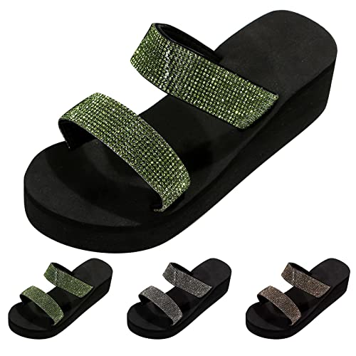 Coerni Cute Women Sandals Size 11 Women Slope Heel Thick Bottom Slippers Fashion with Diamond Butterfly Decoration Wear Beach Slippers Outside The Home (Green, 6.5)