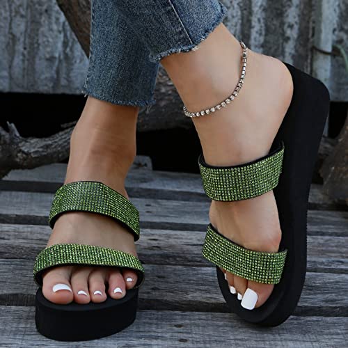 Coerni Cute Women Sandals Size 11 Women Slope Heel Thick Bottom Slippers Fashion with Diamond Butterfly Decoration Wear Beach Slippers Outside The Home (Green, 6.5)