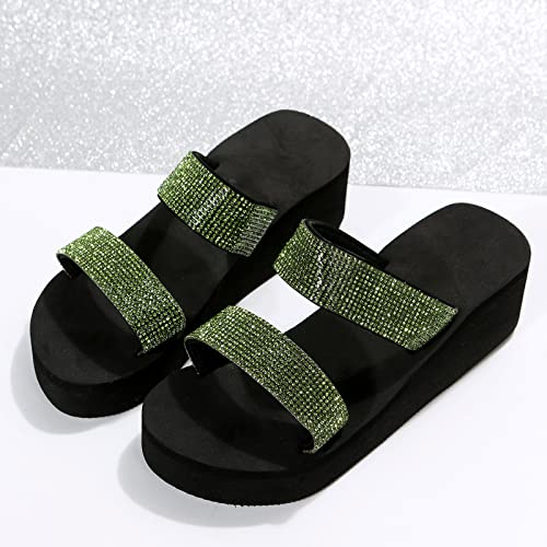 Coerni Cute Women Sandals Size 11 Women Slope Heel Thick Bottom Slippers Fashion with Diamond Butterfly Decoration Wear Beach Slippers Outside The Home (Green, 6.5)