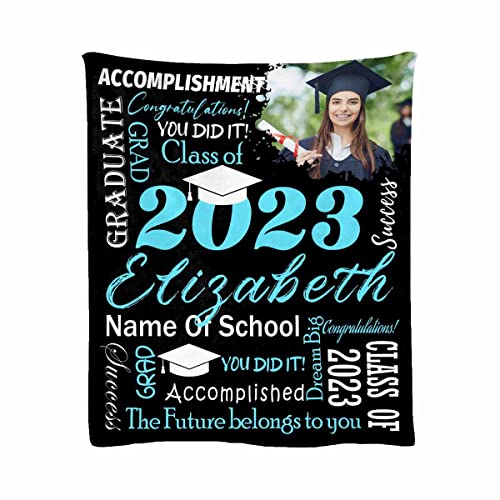 M YESCUSTOM Custom Name 2023 Graduation Blankets with Photo for Son Daughter Kids Personalized for Him Her Class of 2023 Seniors Students 50"x60"