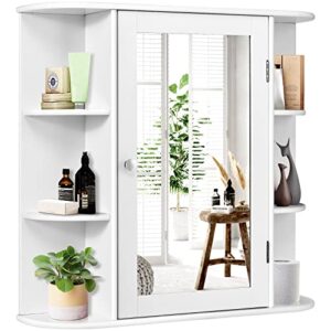 LOKO Bathroom Medicine Cabinet with Mirror, Wall Mounted Storage Cabinet w/Mirrored Door, Open Shelves & Adjustable Shelves, Bathroom Wall Mirror Cabinet, 26 x 6.5 x 25 Inches (White)