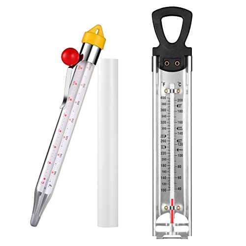 2 Pcs Candy Thermometer with Pot Clip, Stainless Steel Sugar Syrup Jam Jelly Oil Deep Fry Thermometer with Hanging Hole, Classic Kitchen Cooking Thermometer Confection Glass Thermometer for Food