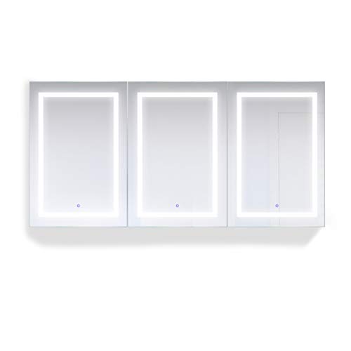 Krugg LED Medicine Cabinet 72 Inch X 36 Inch | Recessed or Surface Mount Mirror Cabinet w/Dimmer & Defogger + 3X Makeup Mirror Inside & Outlet + USB(Left Left Right)