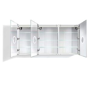 Krugg LED Medicine Cabinet 72 Inch X 36 Inch | Recessed or Surface Mount Mirror Cabinet w/Dimmer & Defogger + 3X Makeup Mirror Inside & Outlet + USB(Left Left Right)